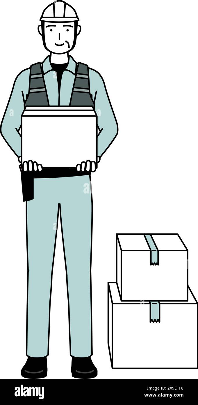 Senior male engineer in helmet and work wear working to carry cardboard ...