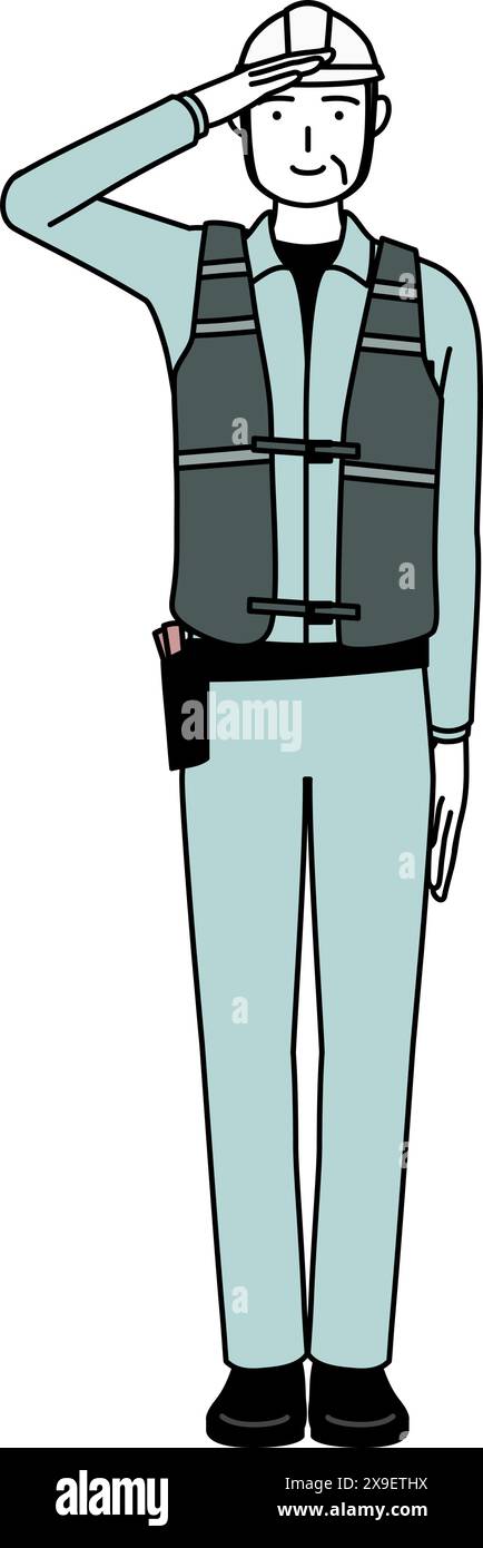 Senior male engineer in helmet and work wear making a salute, Vector ...