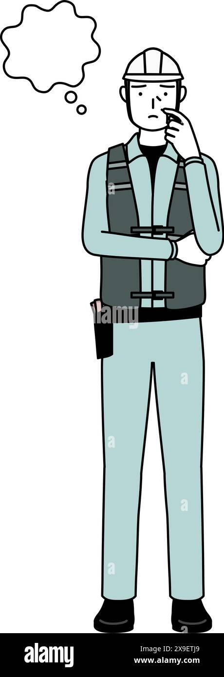 Senior male engineer in helmet and work wear thinking while scratching ...