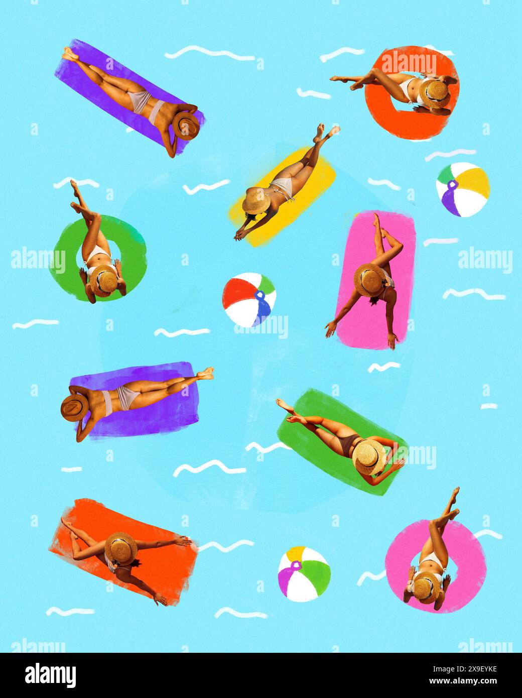 Summer Vibes. Women in swimsuits and straw hats relaxing on colorful ...