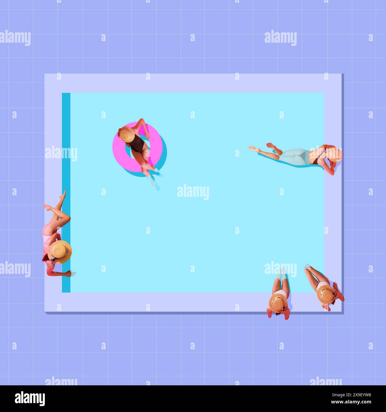 Pool Day. Top view of pool scene with women enjoying calmness on ...