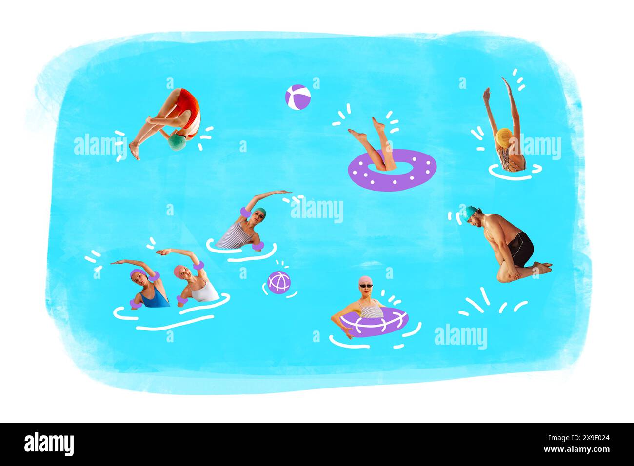 Group of people enjoying warm summer day in swimming pool, relaxing in ...