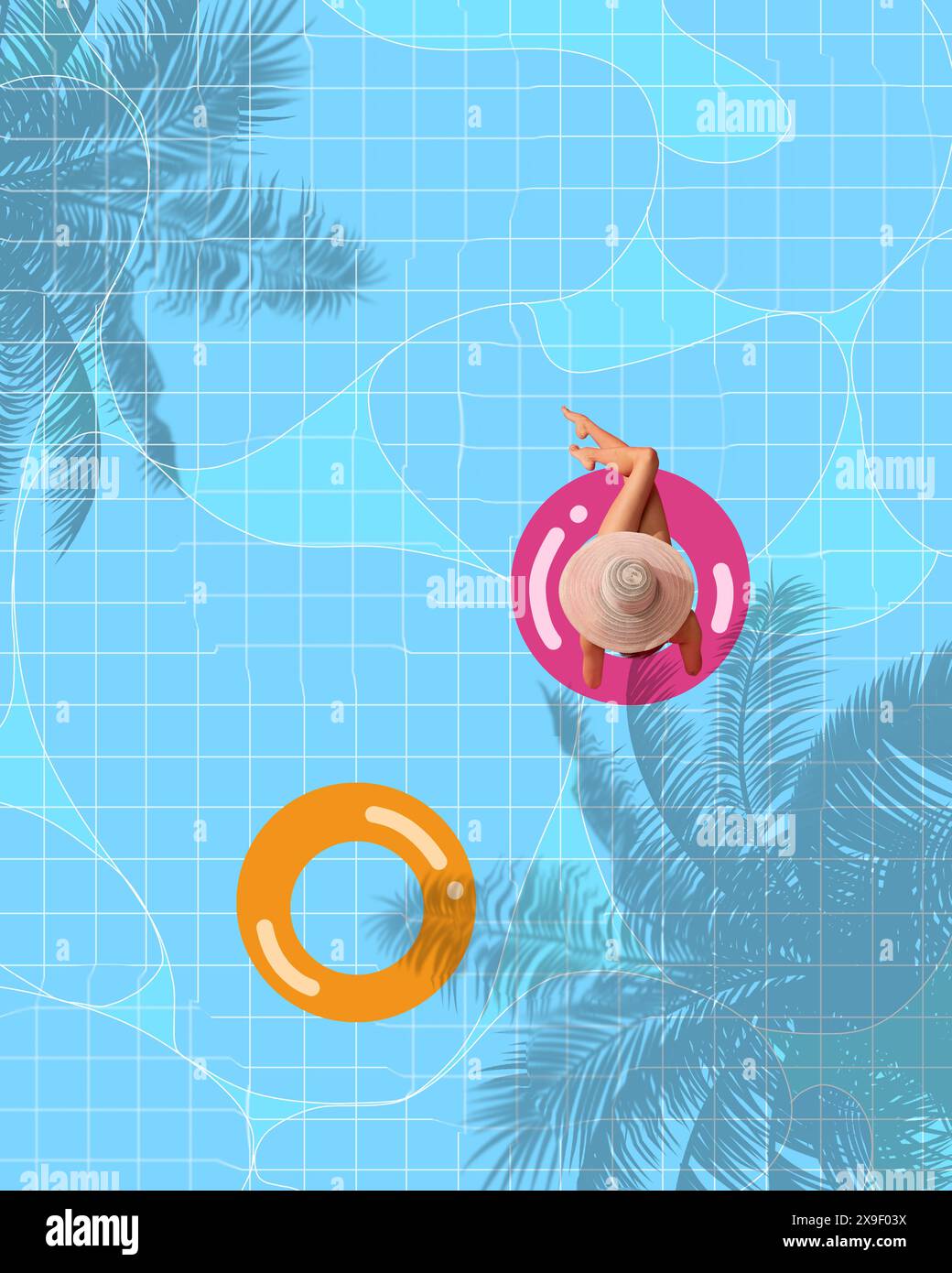 Top view of young woman in hat relaxing in floating circle in swimming ...