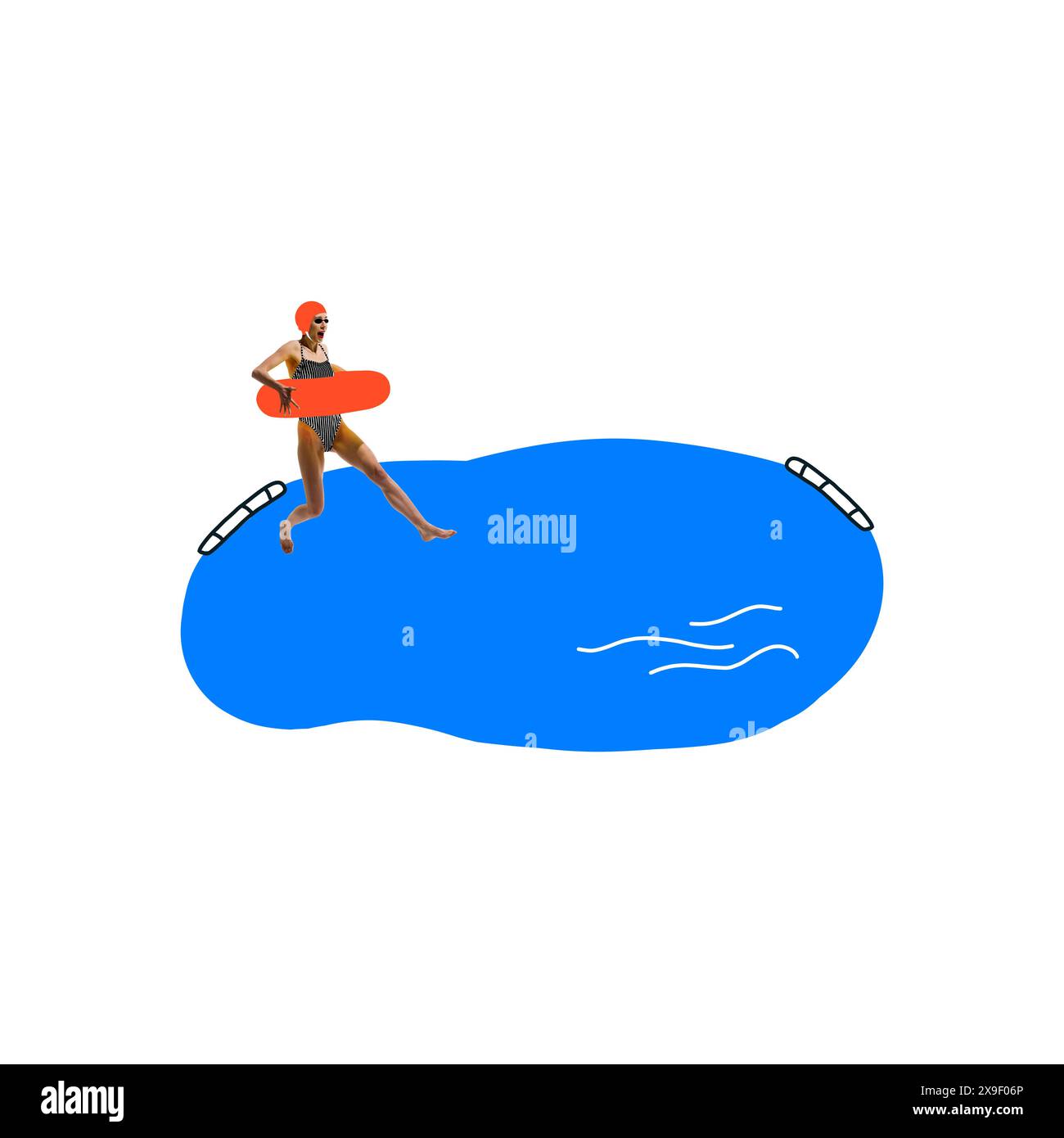Woman jumping into abstract swimming pool on white background ...