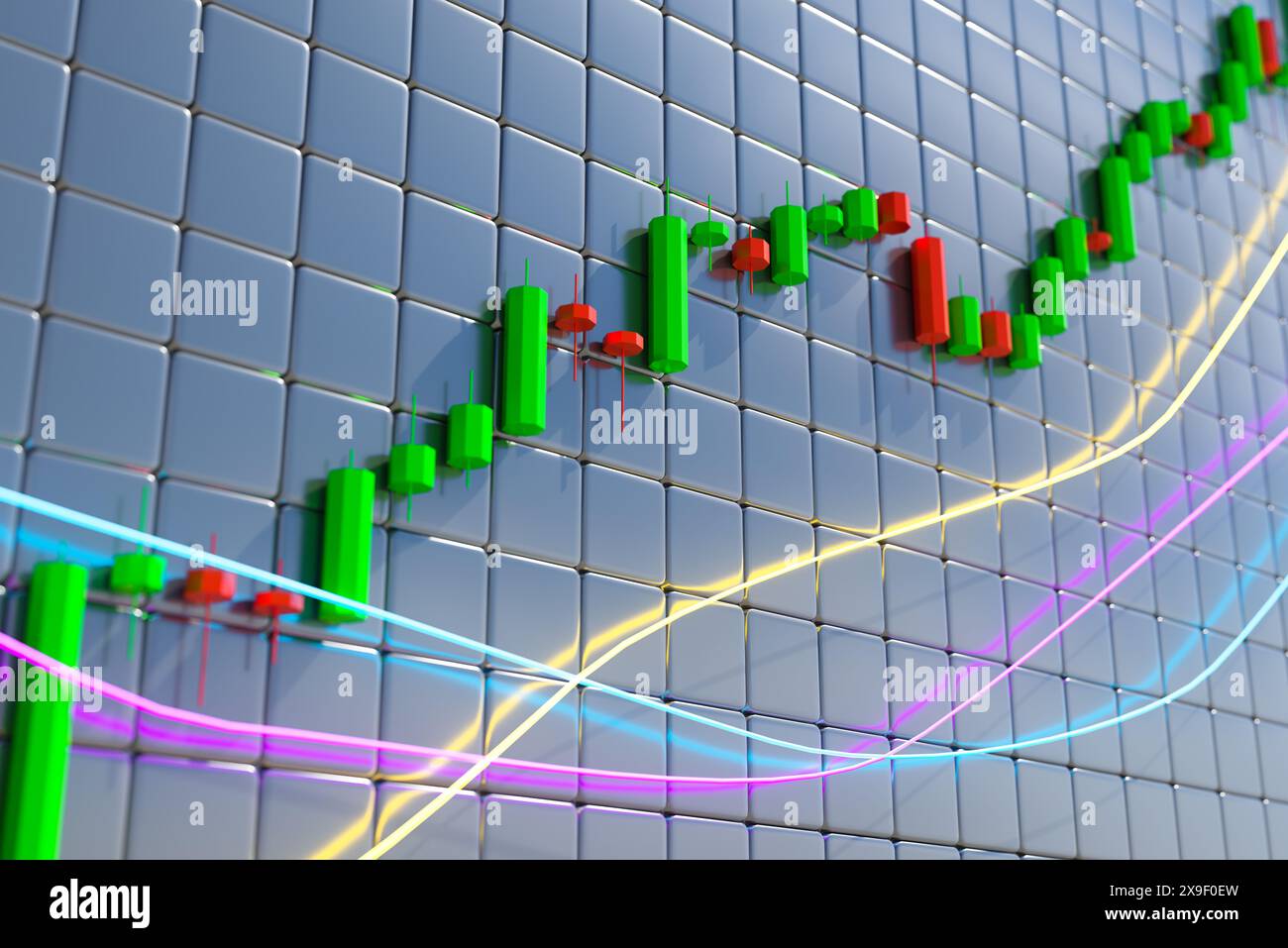 3D chart with an upward trend. Candlestick chart with indicators ...