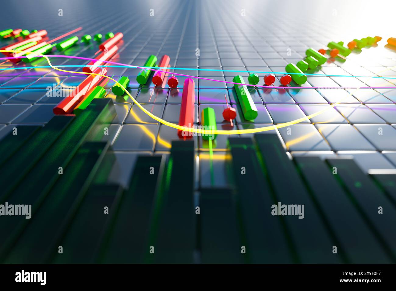 3D chart with green and red candles. Candlestick chart with indicators ...