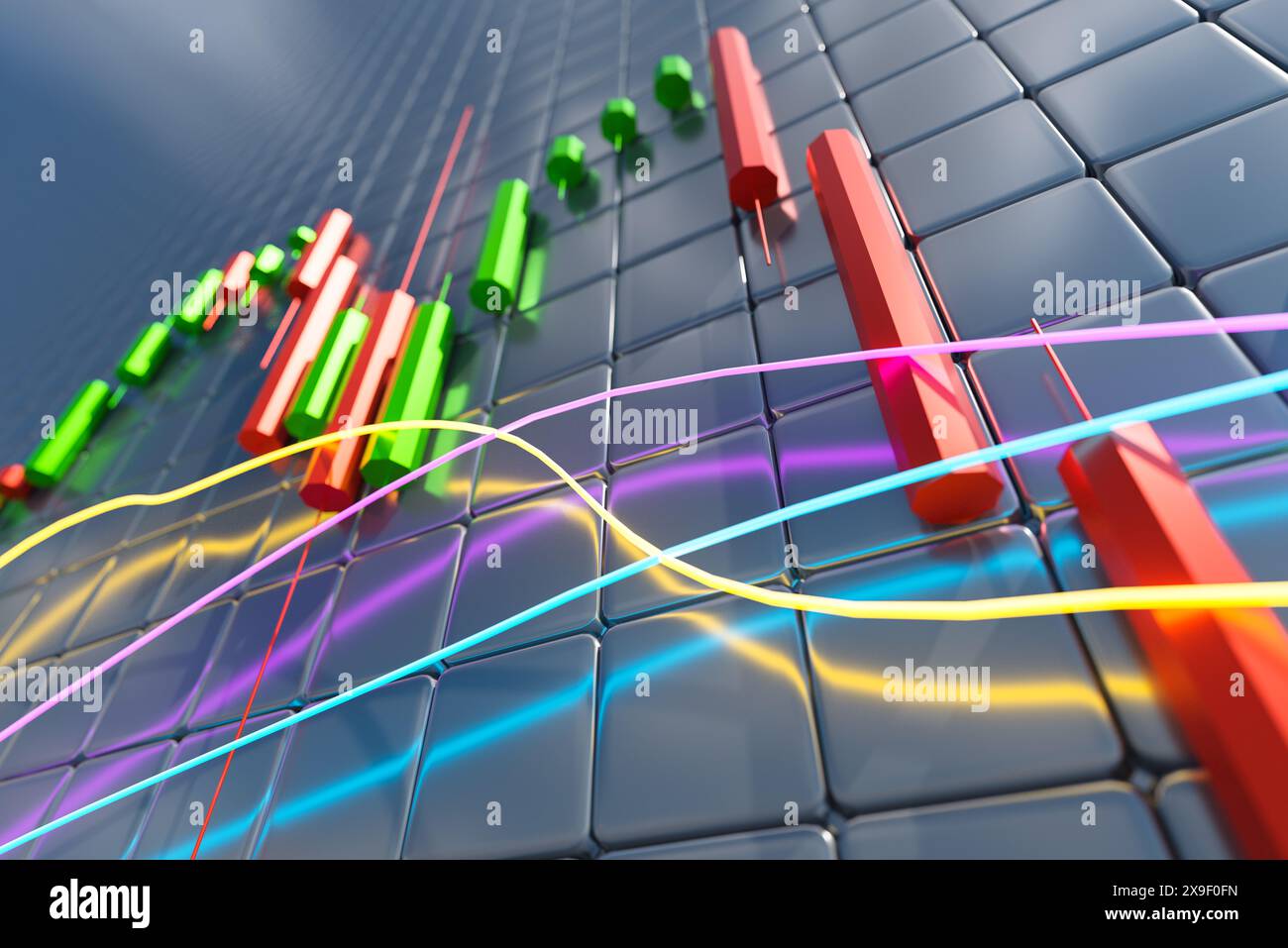 3D chart with a falling trend. Candlestick chart with indicators ...