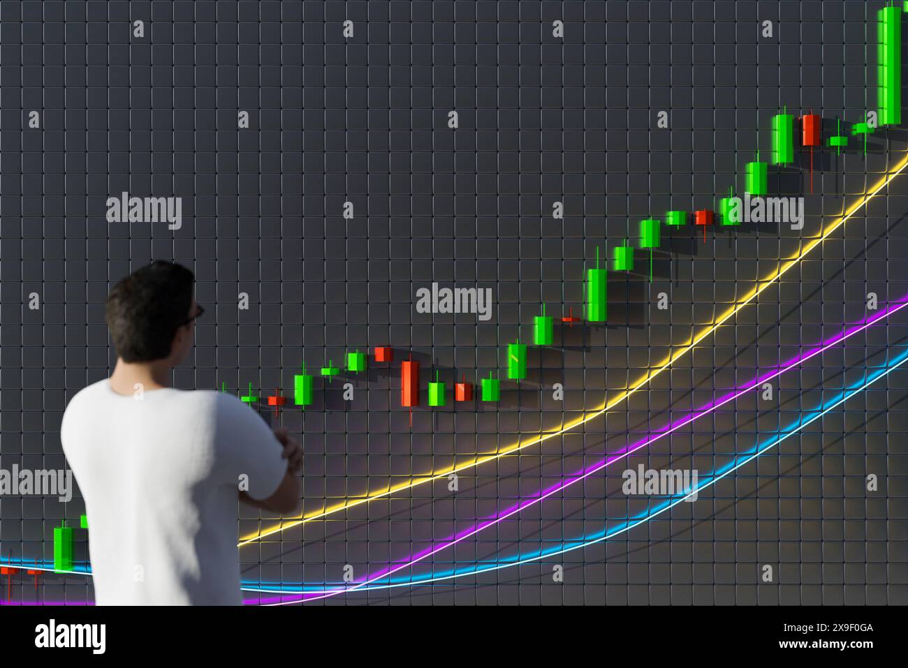 The trader analyzes the price movement of an asset. Abstract graphs and ...