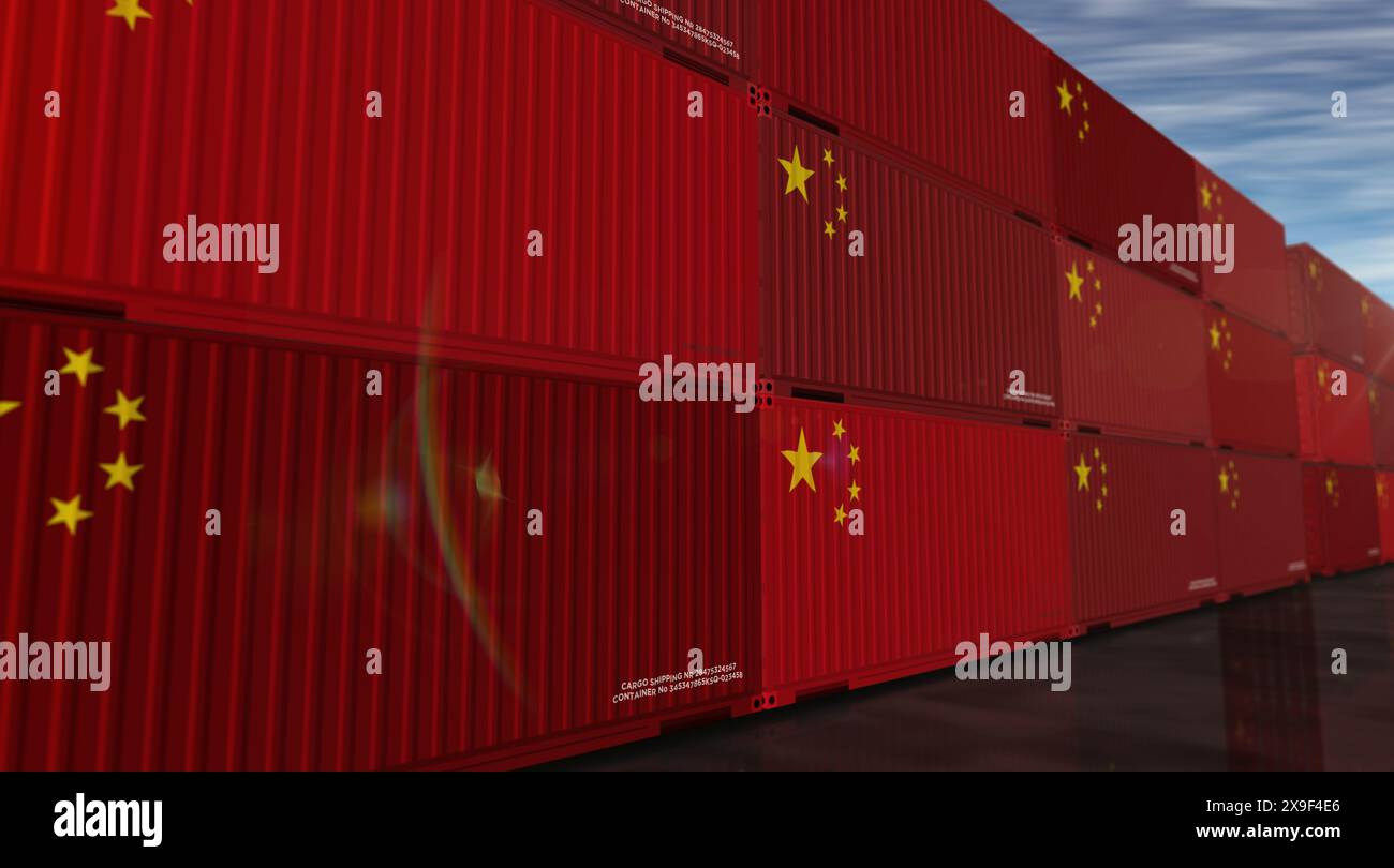 China export production and import cargo containers in row business concept. Chinese flag ...