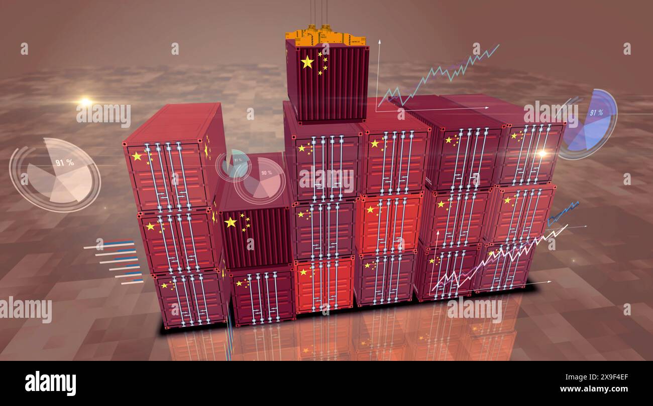 China export production and import cargo containers on charts and ...