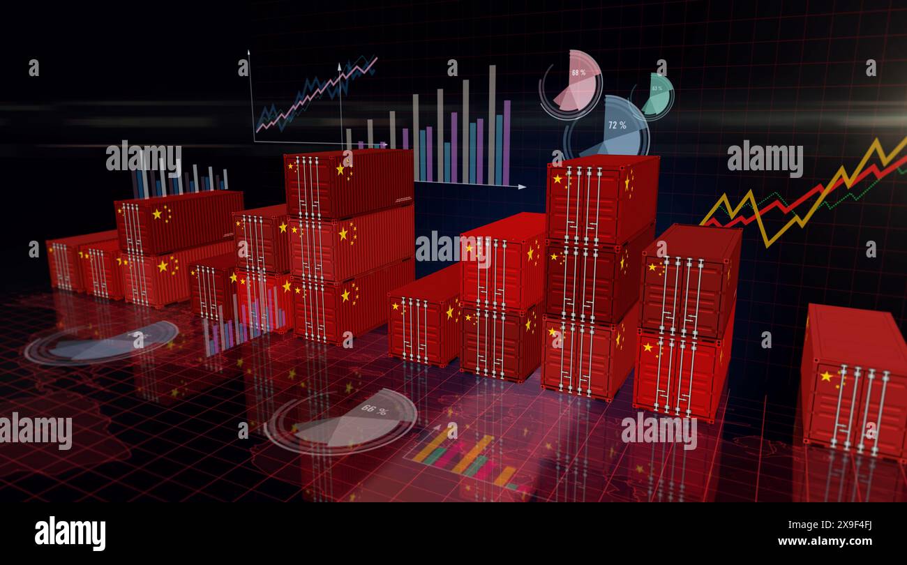 China export production and import cargo containers on charts and ...