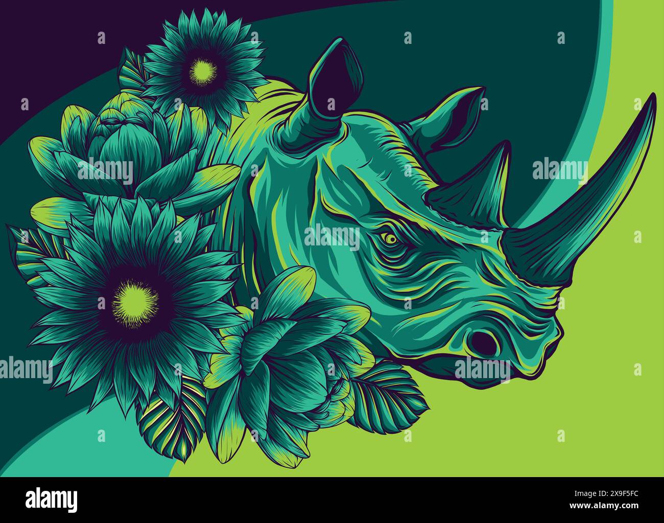 vector illustration of Rhinoceros and flowers design Stock Vector Image ...