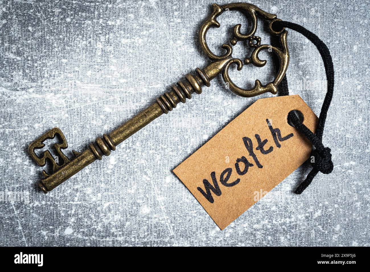Vintage key with tag and inscription wealth. Concept is key to success ...