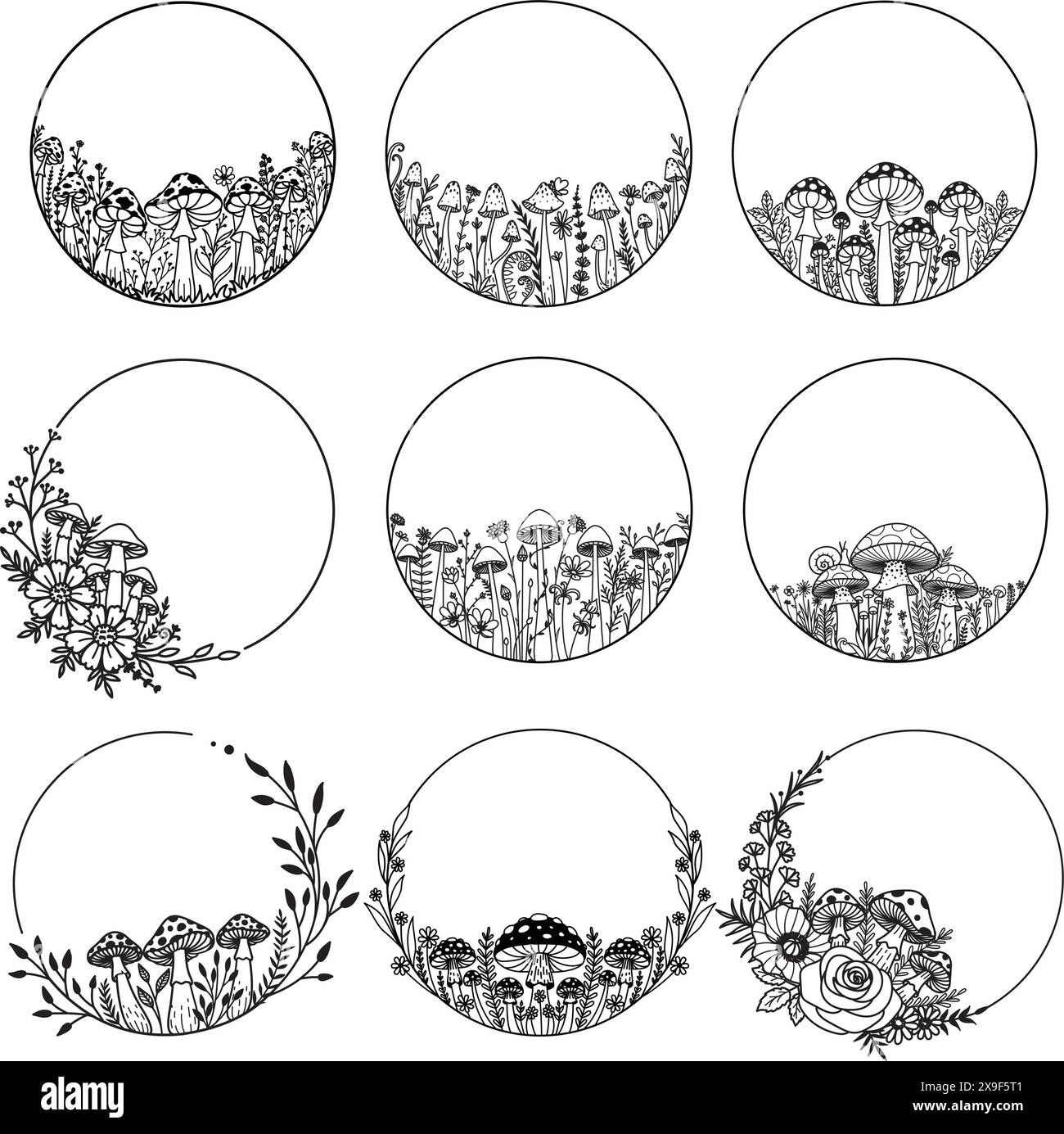 Set of round frames with mushrooms, leaves and flowers for design ...