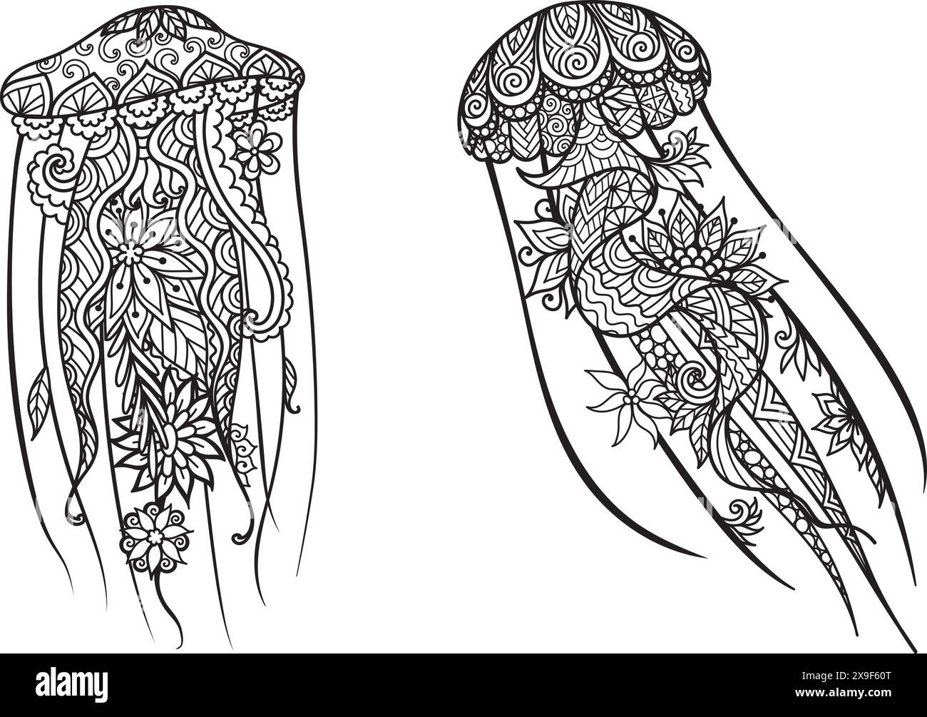 Two mandala jellyfishes for coloring page, papercut, laser cut and so ...