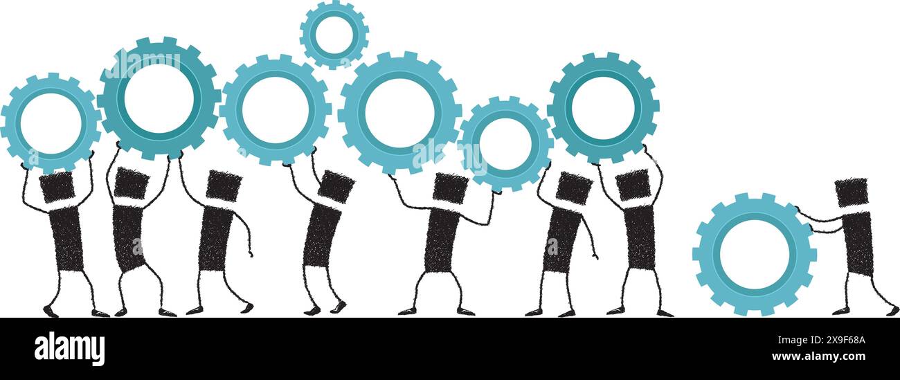 Illustration of a large group of stick figures lifting gears above ...