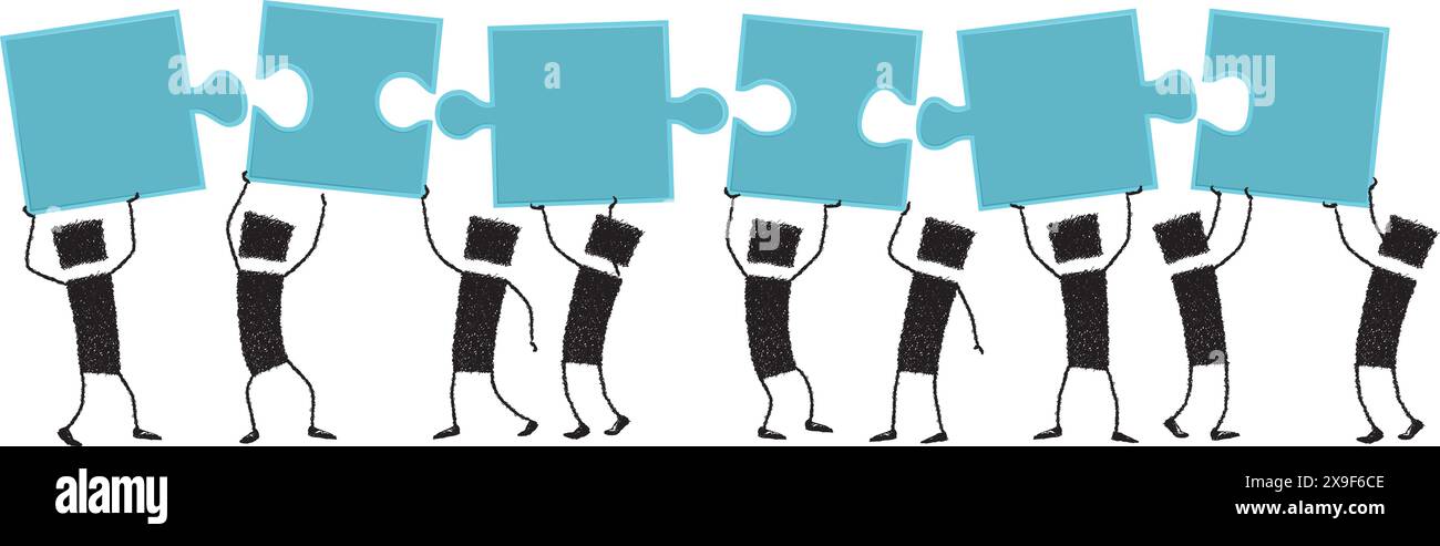 Illustration of a group of people lifting puzzle pieces above their ...