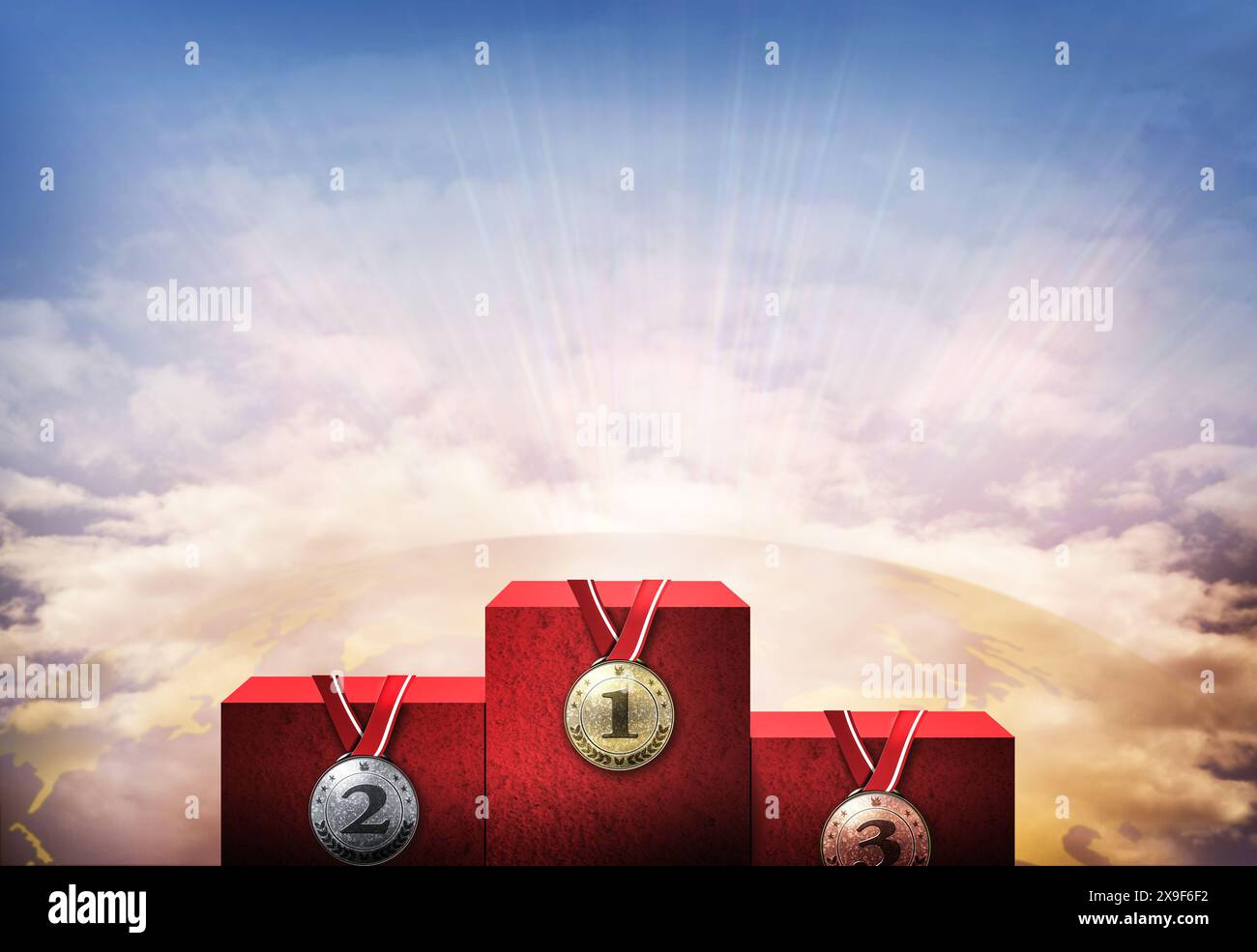 Red podium with winners' position medals with background with earth ...