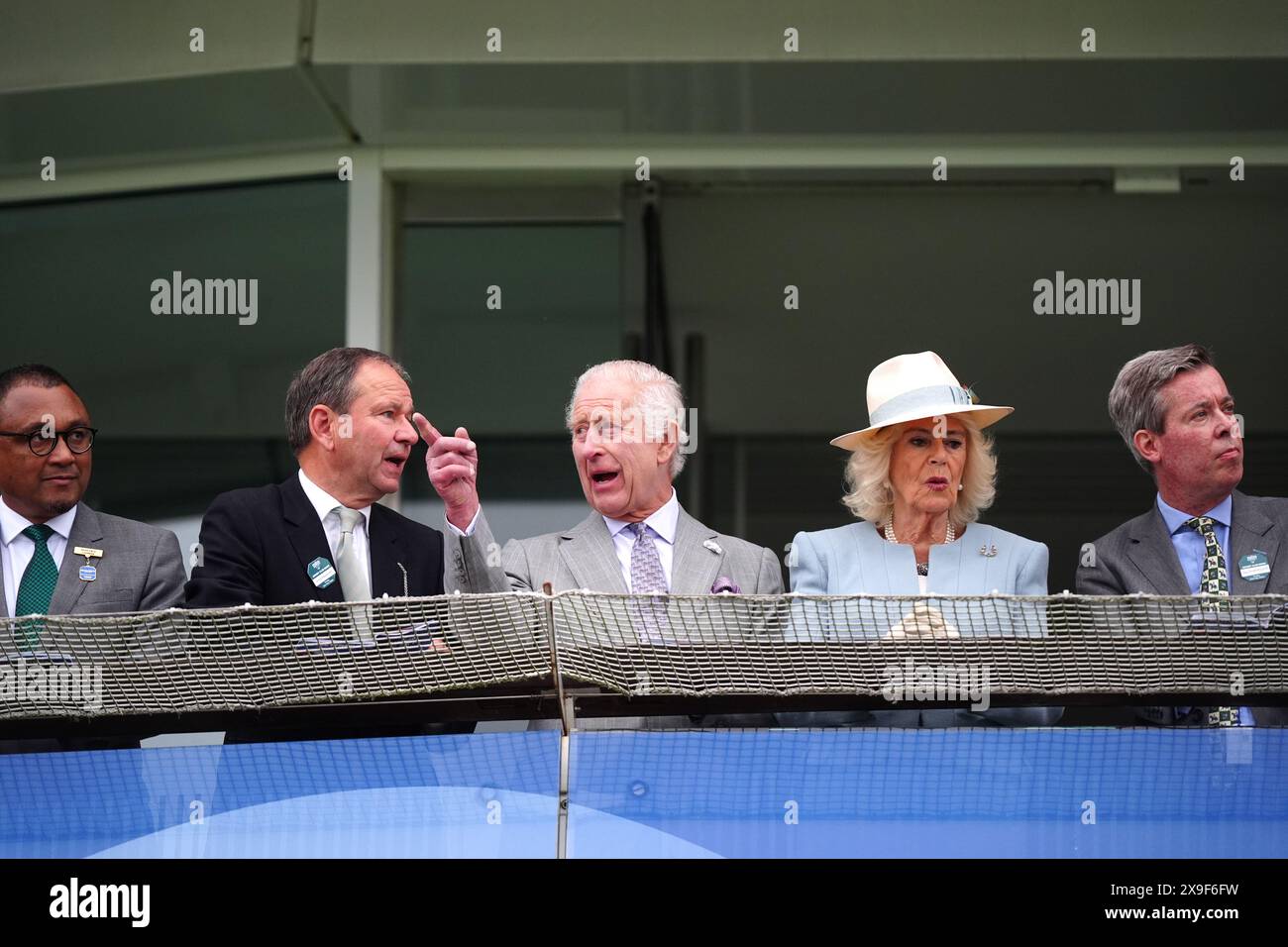 Sandy Dudgeon, King Charles III and Queen Camilla in the grandstand on ...