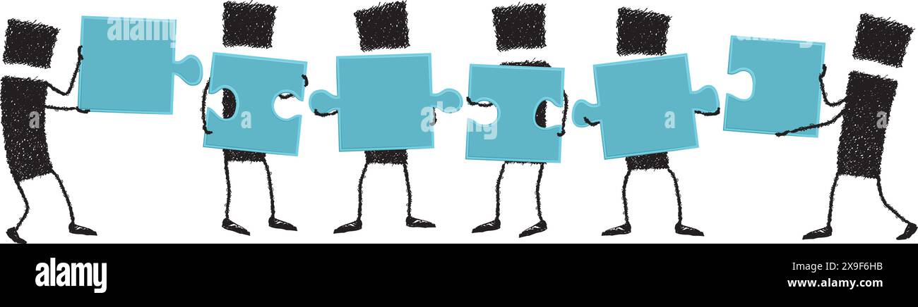 Illustration of a group of stick figures holding puzzle pieces. Working ...