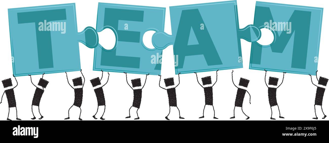 Illustration of a group of people lifting puzzle pieces above their ...