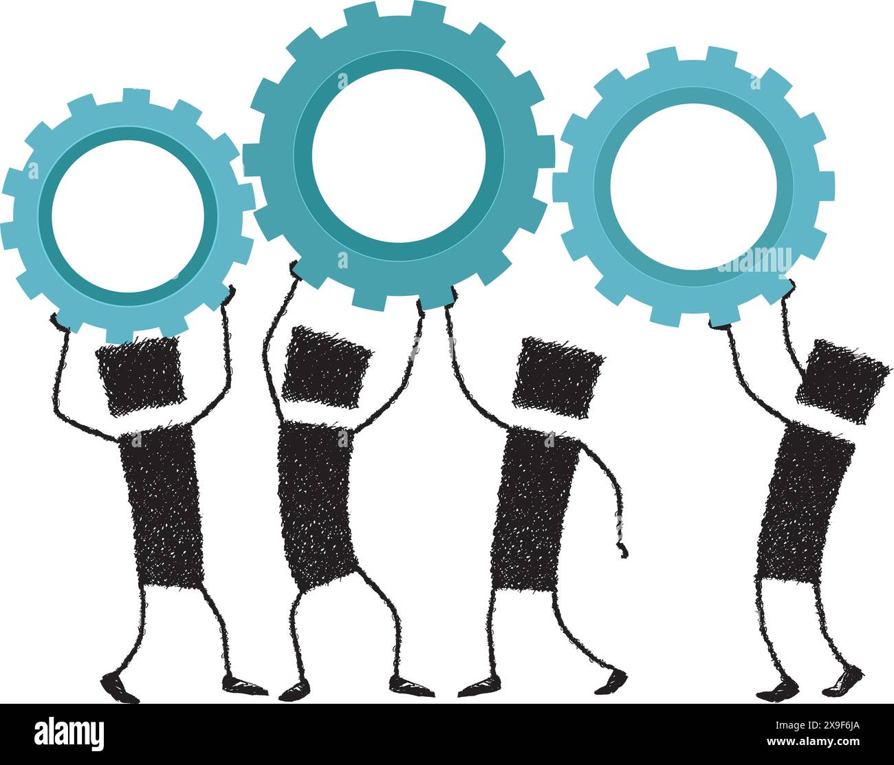 Illustration of a group of people lifting gears above their heads ...