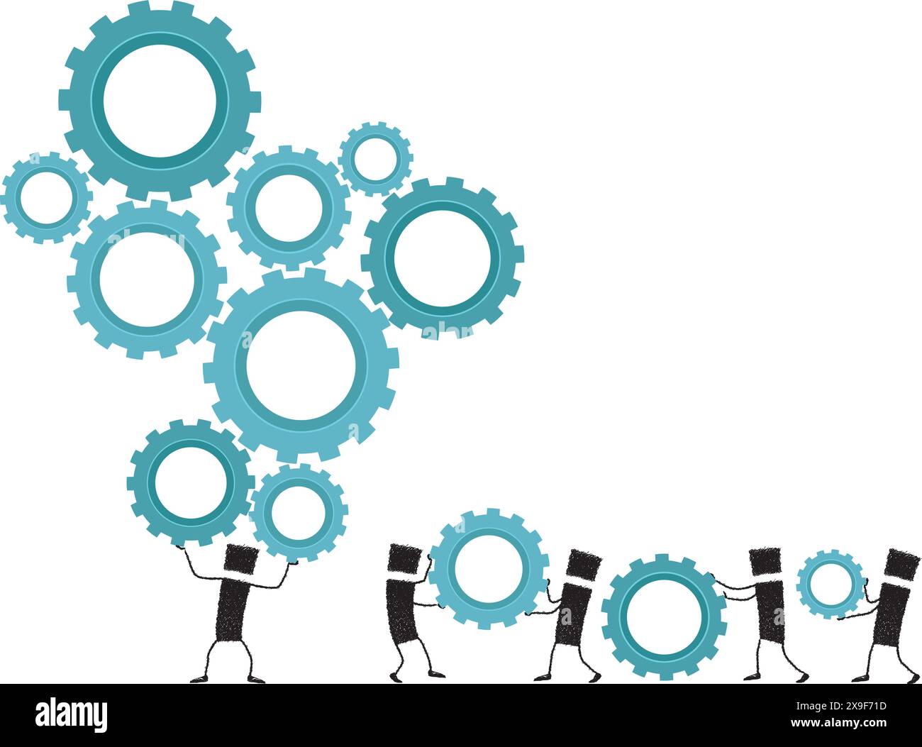 A stick figure holding on his head a lot of gear. Other stick figures ...