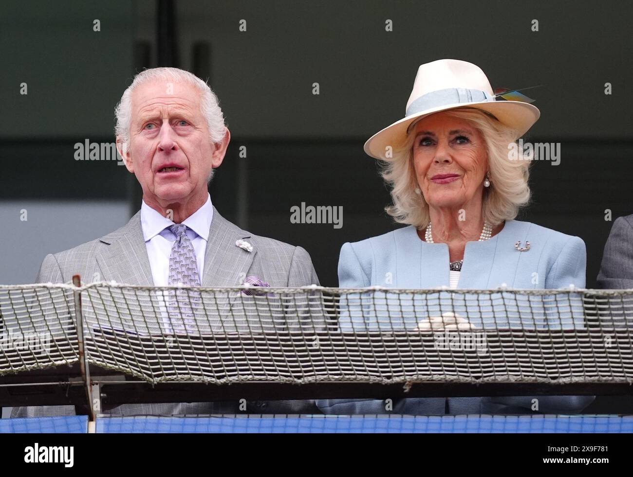 King Charles III and Queen Camilla in the grandstand on ladies day of ...