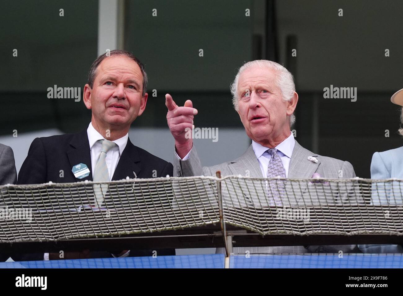 Sandy Dudgeon and King Charles III in the grandstand on ladies day of ...