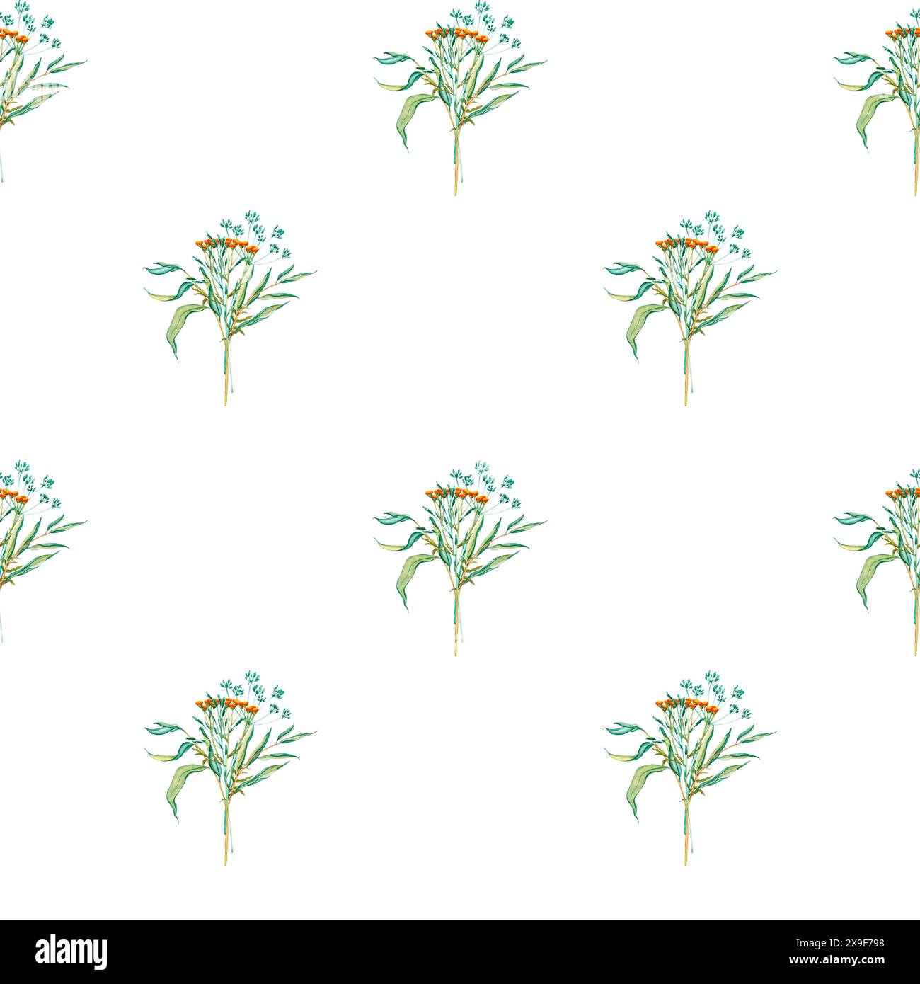 Seamless pattern with yellow tansy, meadow leaves and wild dry grass ...