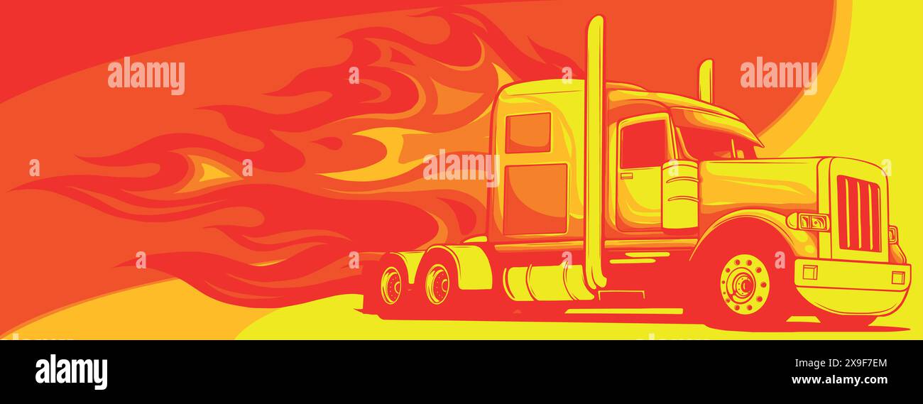 Classic american semi truck. Isolated vehicle with fire flame on white ...