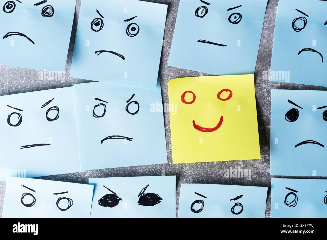 Concept positive attitude. Pieces of paper for notes with sad and angry ...