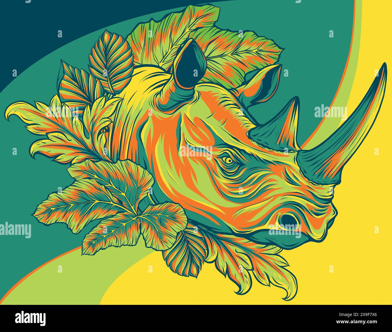vector illustration of rhinoceros head with leaves Stock Vector Image ...