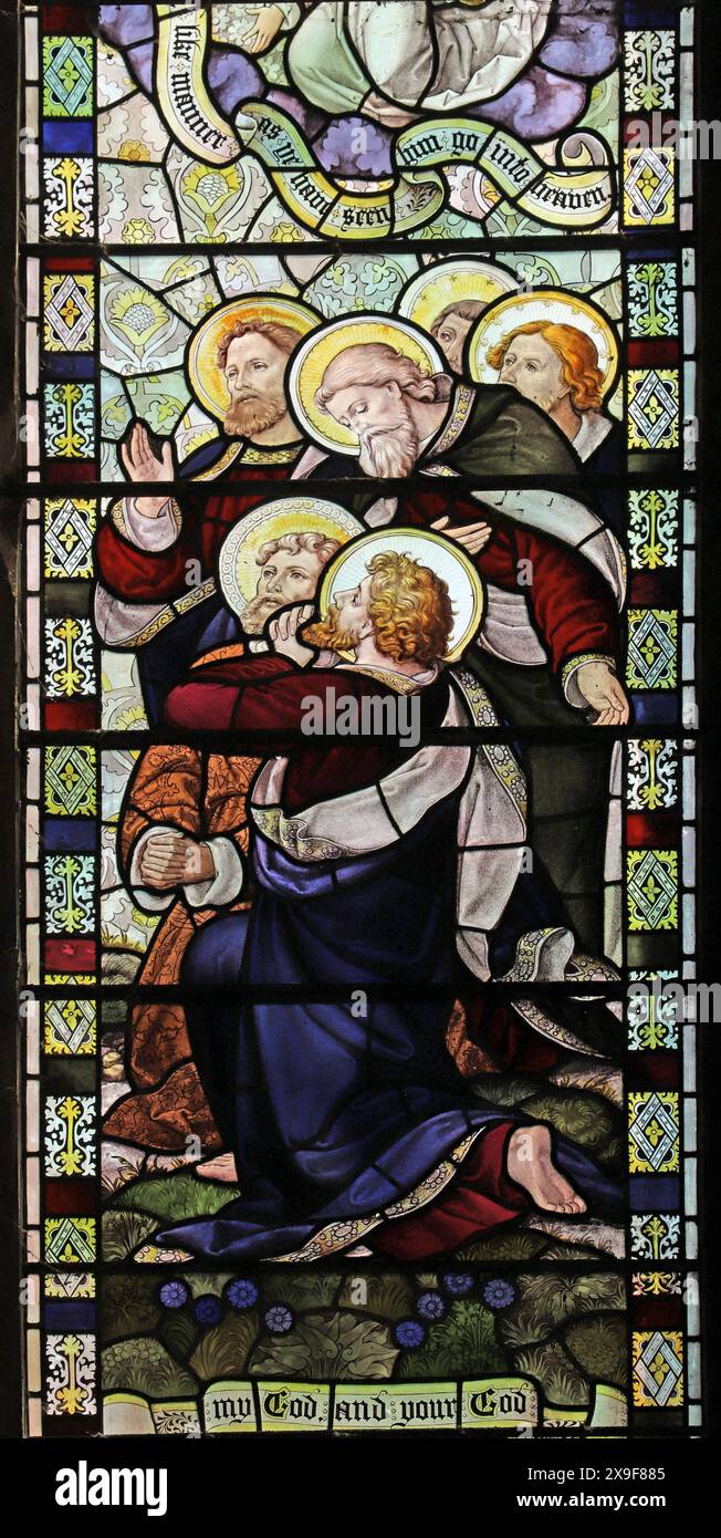 A stained glass window depicting the disciples of Jesus witnessing his ...