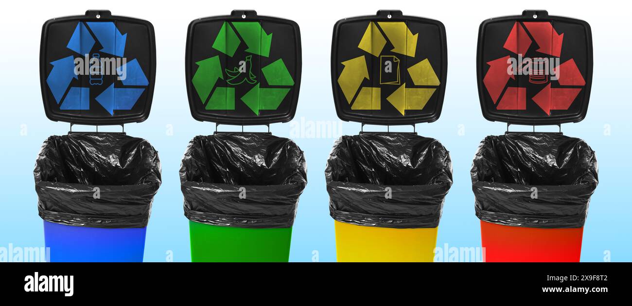Waste sorting, banner design. Recycling bins with illustrations of ...