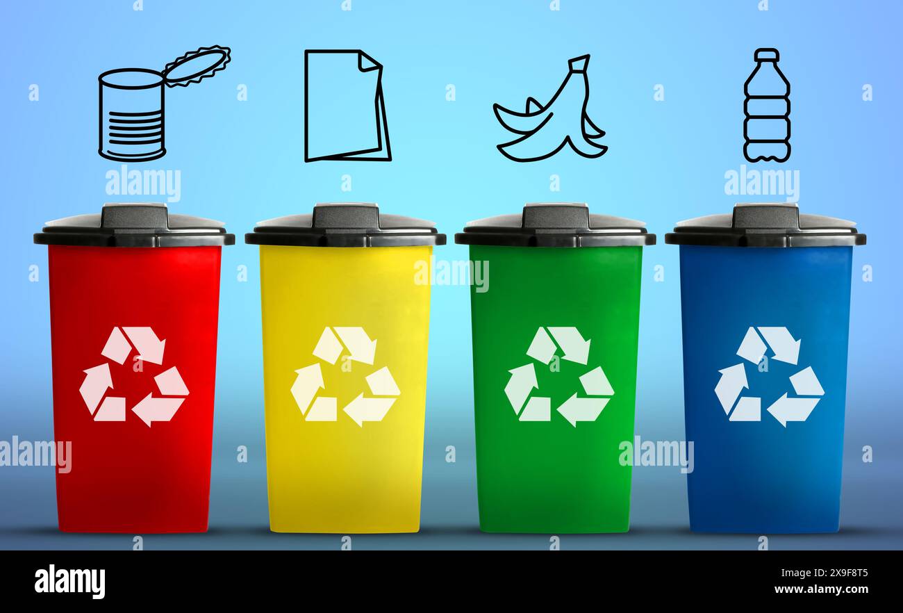 Waste sorting. Illustrations of different garbage types over recycling bins on light blue ...