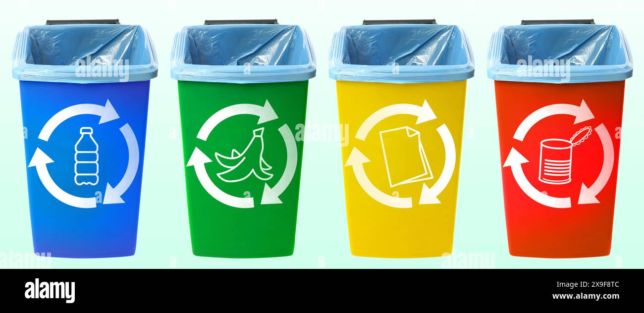 Waste sorting, banner design. Recycling bins with illustrations of ...