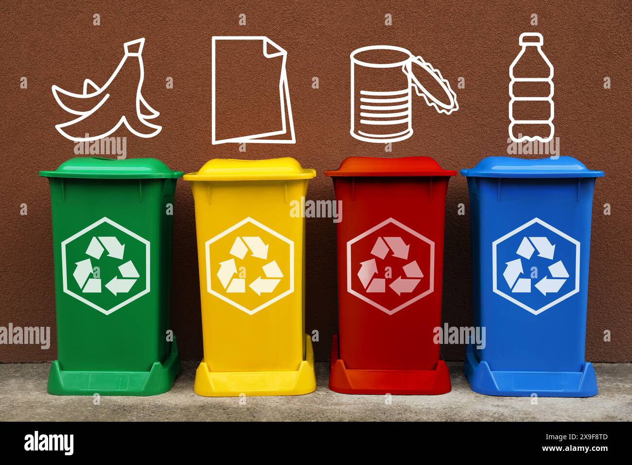 Waste sorting. Illustrations of different garbage types over recycling bins near brown wall ...