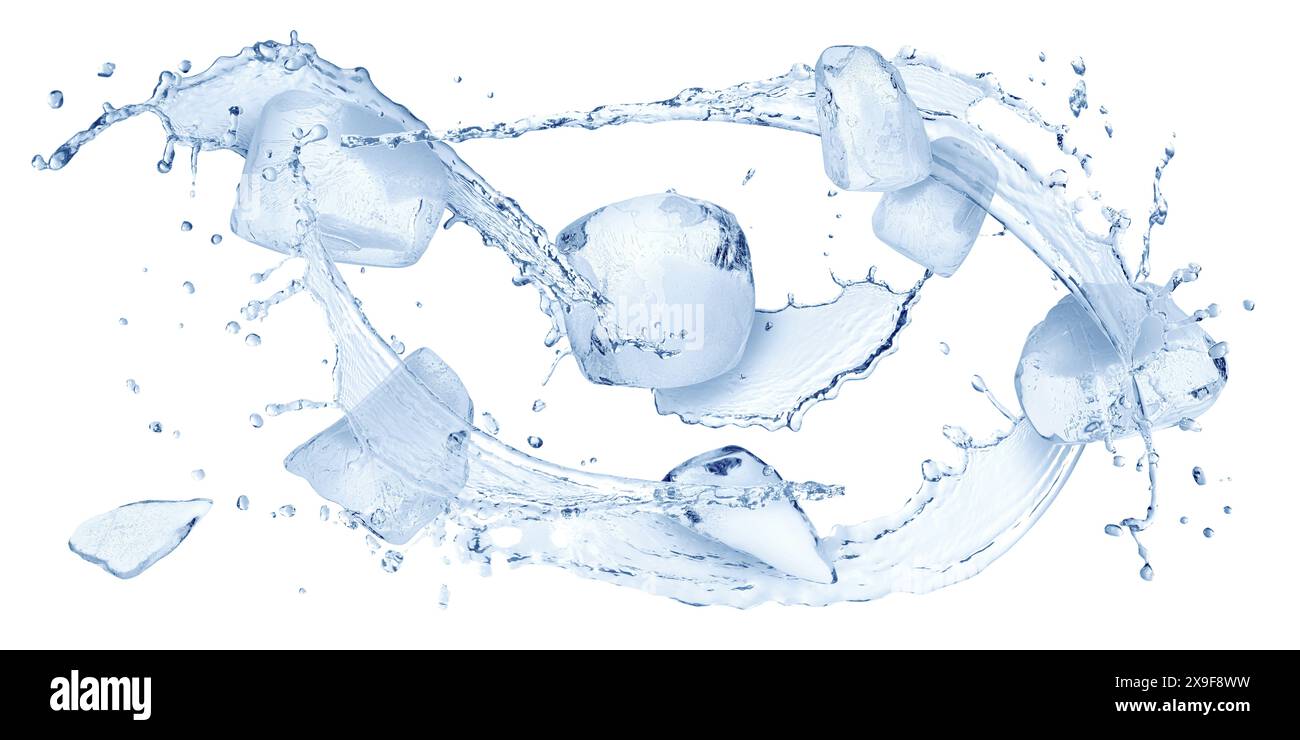Ice cubes and splashing water in air on white background Stock Photo ...
