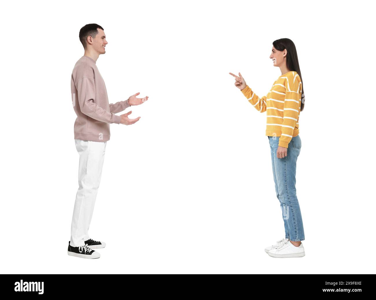 Woman and man talking on white background. Dialogue Stock Photo - Alamy