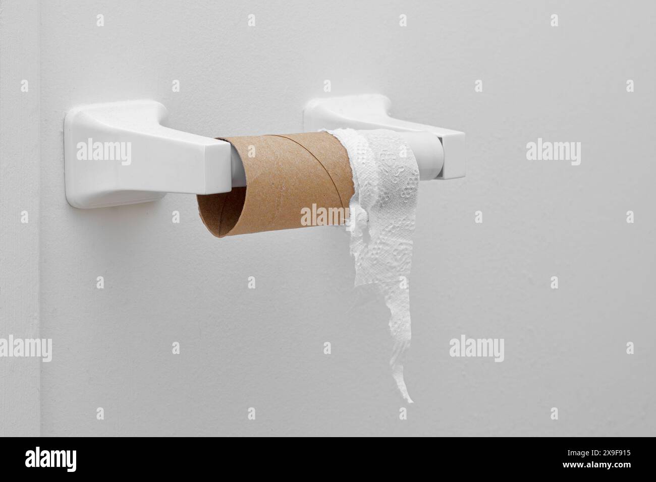Empty toilet paper roll on holder in bathroom Stock Photo - Alamy