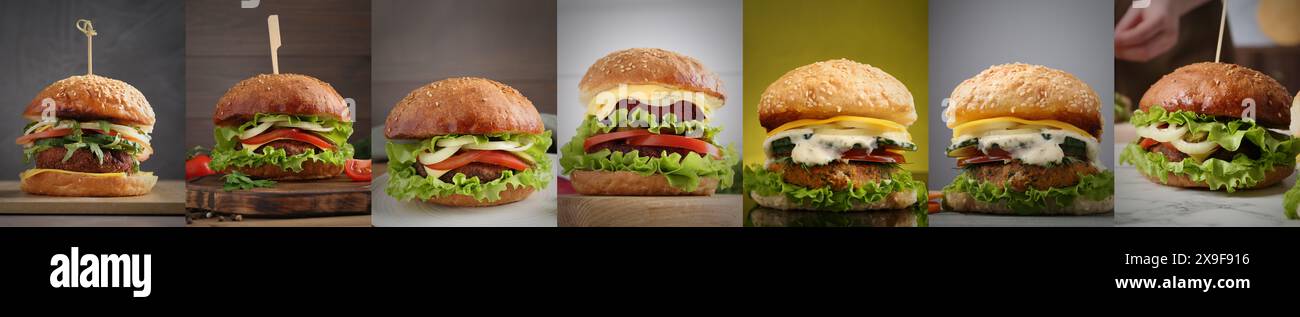 Delicious vegetarian burgers, collage with different photos Stock Photo ...