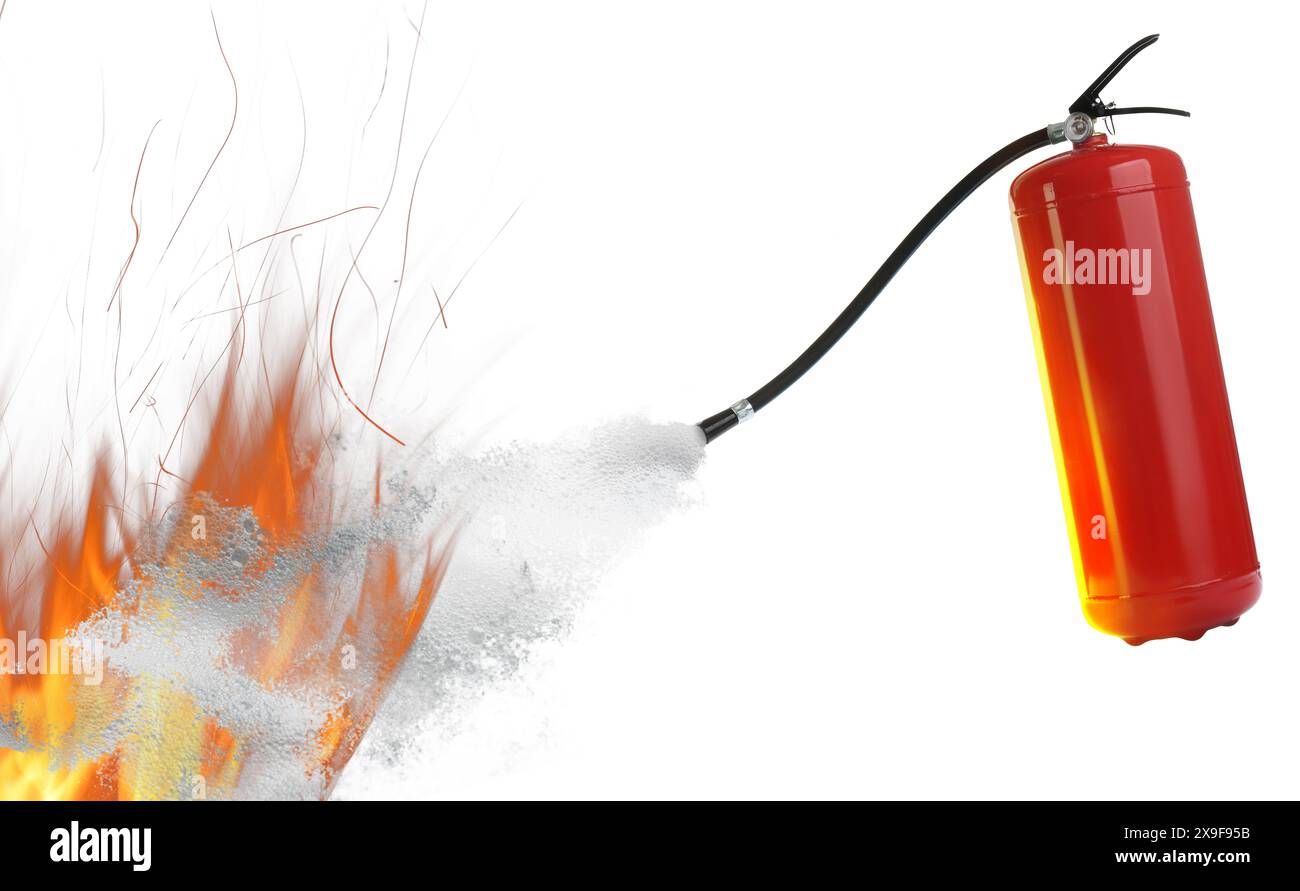 Fire extinguisher and flame on white background Stock Photo - Alamy