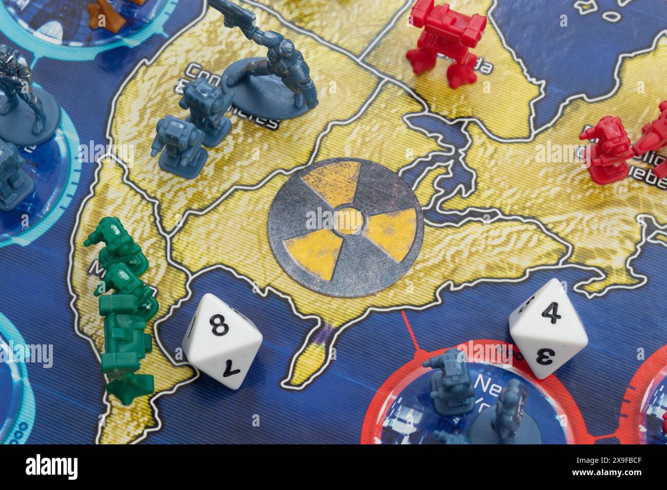 Macro radioactive symbol over risk 2210 a.d. board north american map ...
