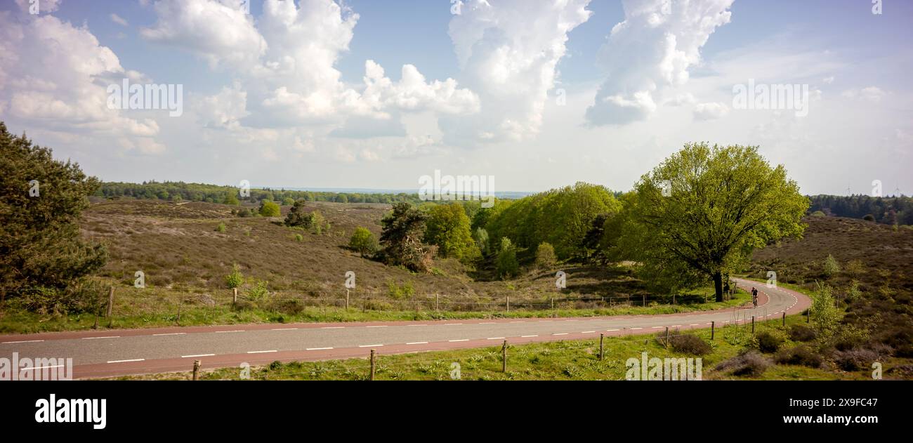 Sharp turn in country through moorland landscape road. Spring season ...