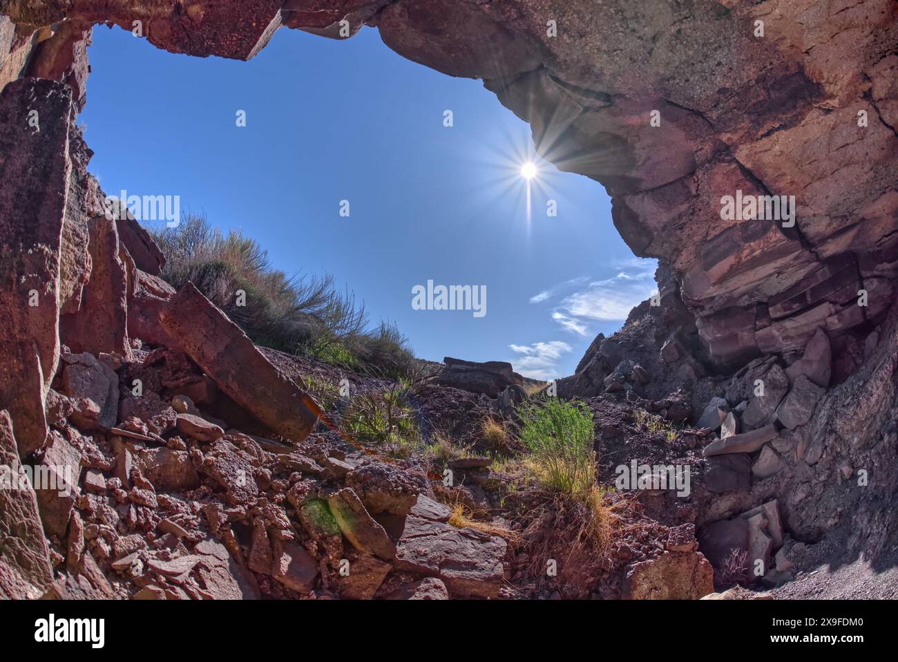 Sunburst in a blue sky over Cliff cave below Crystal Mesa, Petrified ...