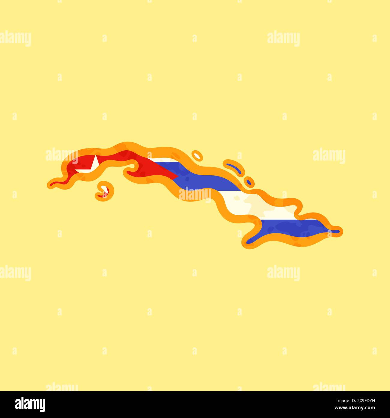 Map of Cuba colored with Cuban flag and marked with golden line in ...