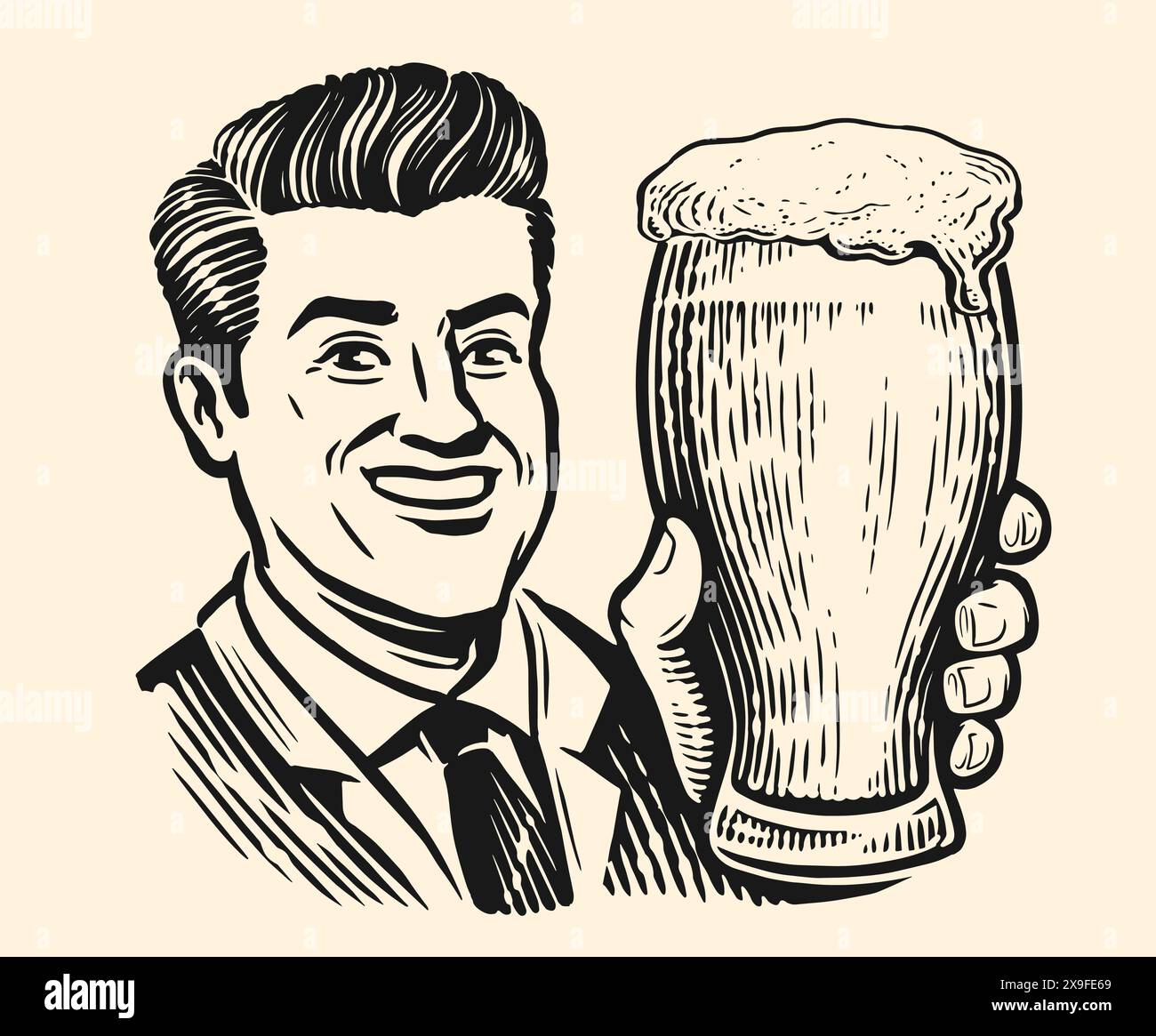 Happy middle aged man in suit with glass of beer in hand. Pub, brewery ...