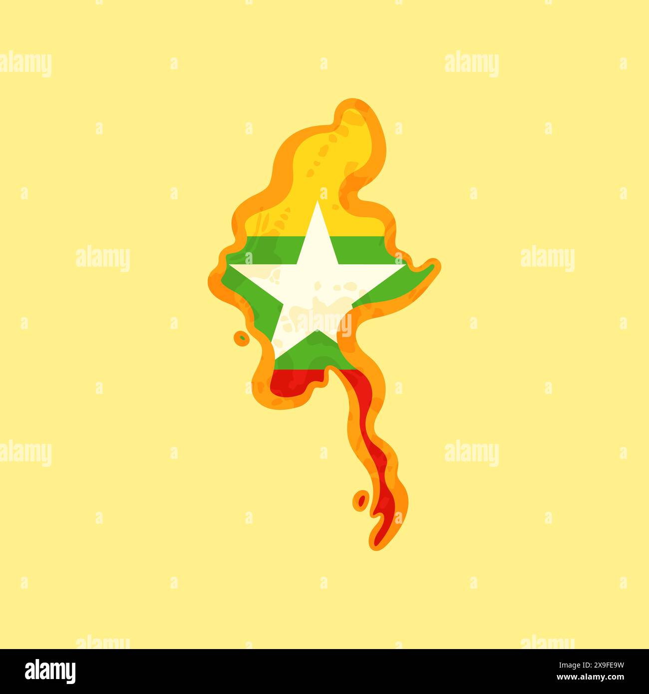 Map of Myanmar colored with Myanma flag and marked with golden line in ...
