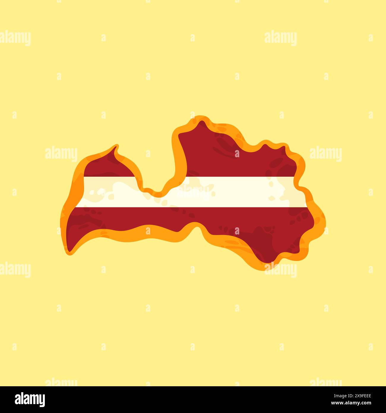 Map of Latvia colored with Latvian flag and marked with golden line in grunge vintage style ...